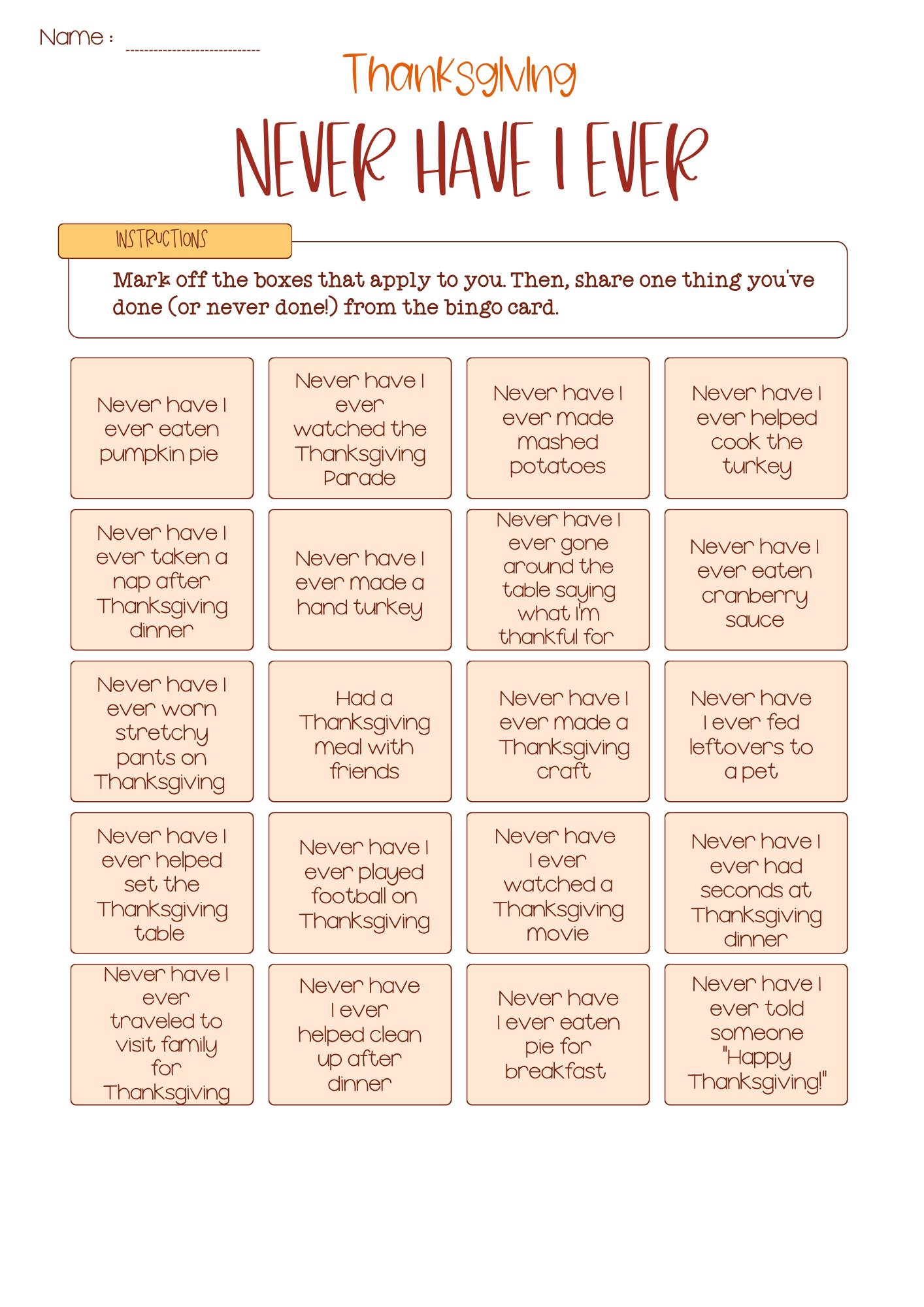 Thanksgiving Never Have I Ever Bingo | Classroom Icebreaker (canva ...