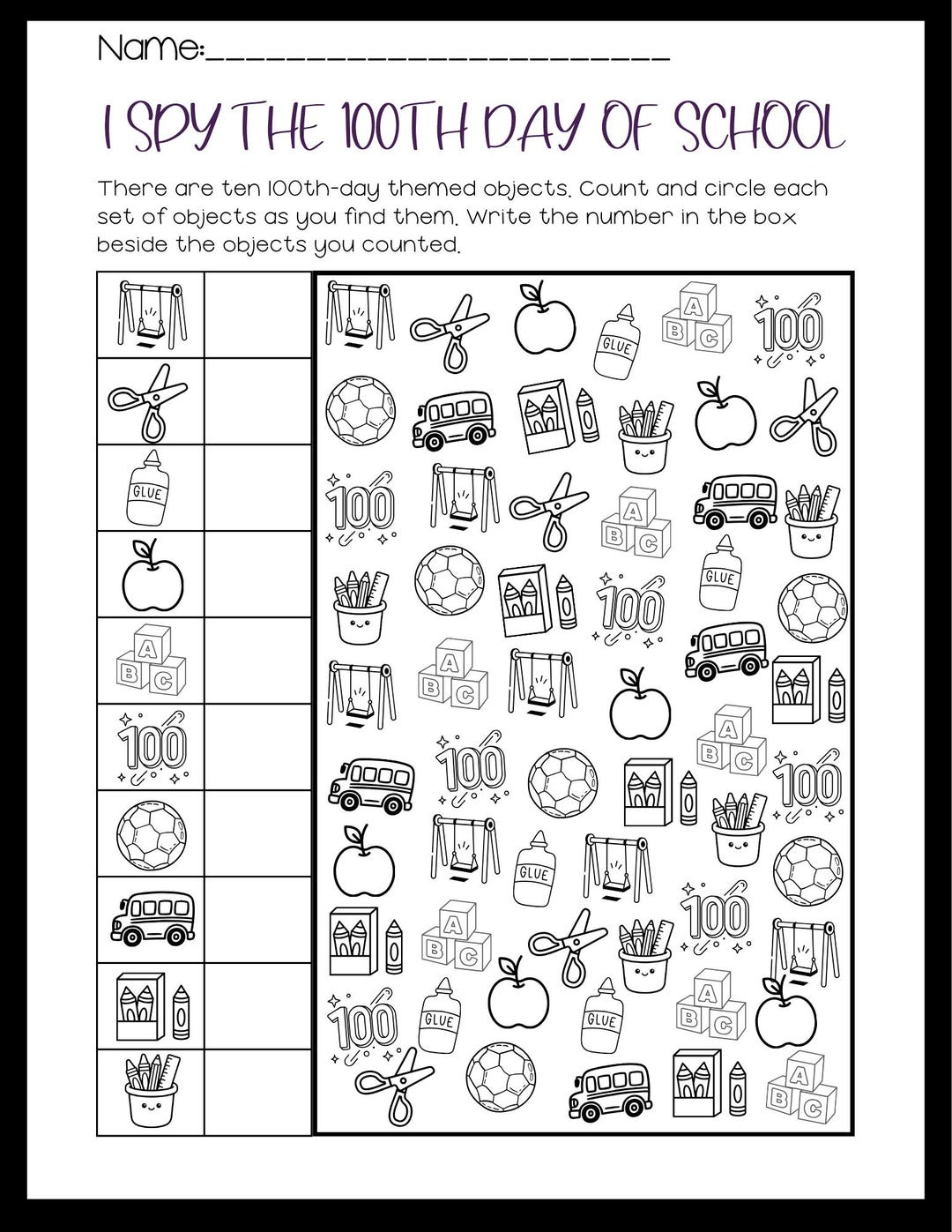 100th Day of School I Spy Worksheet | Counting Activity (canva Pro ...