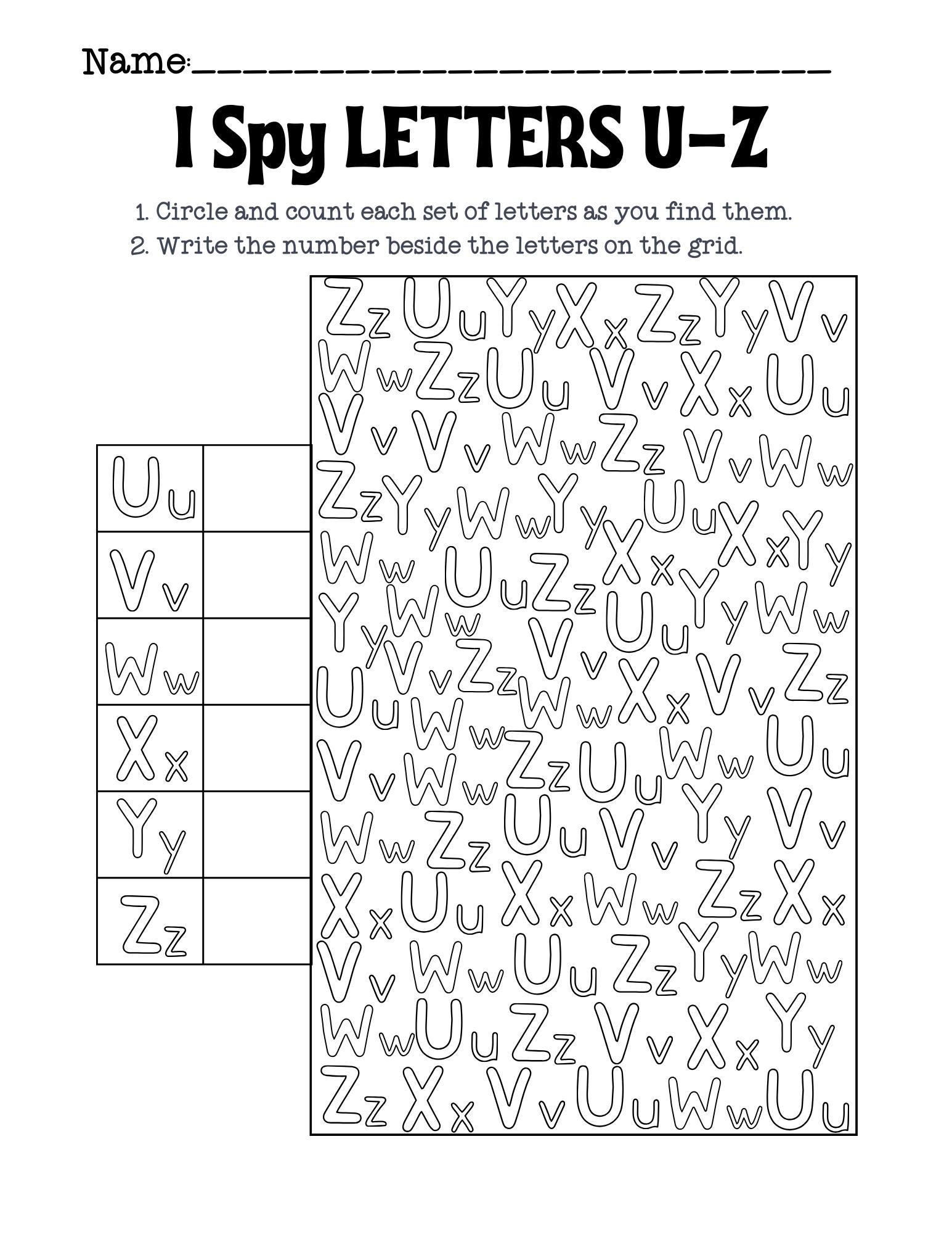 I Spy Letters U–Z Worksheet | Uppercase & Lowercase Alphabet Practice ...