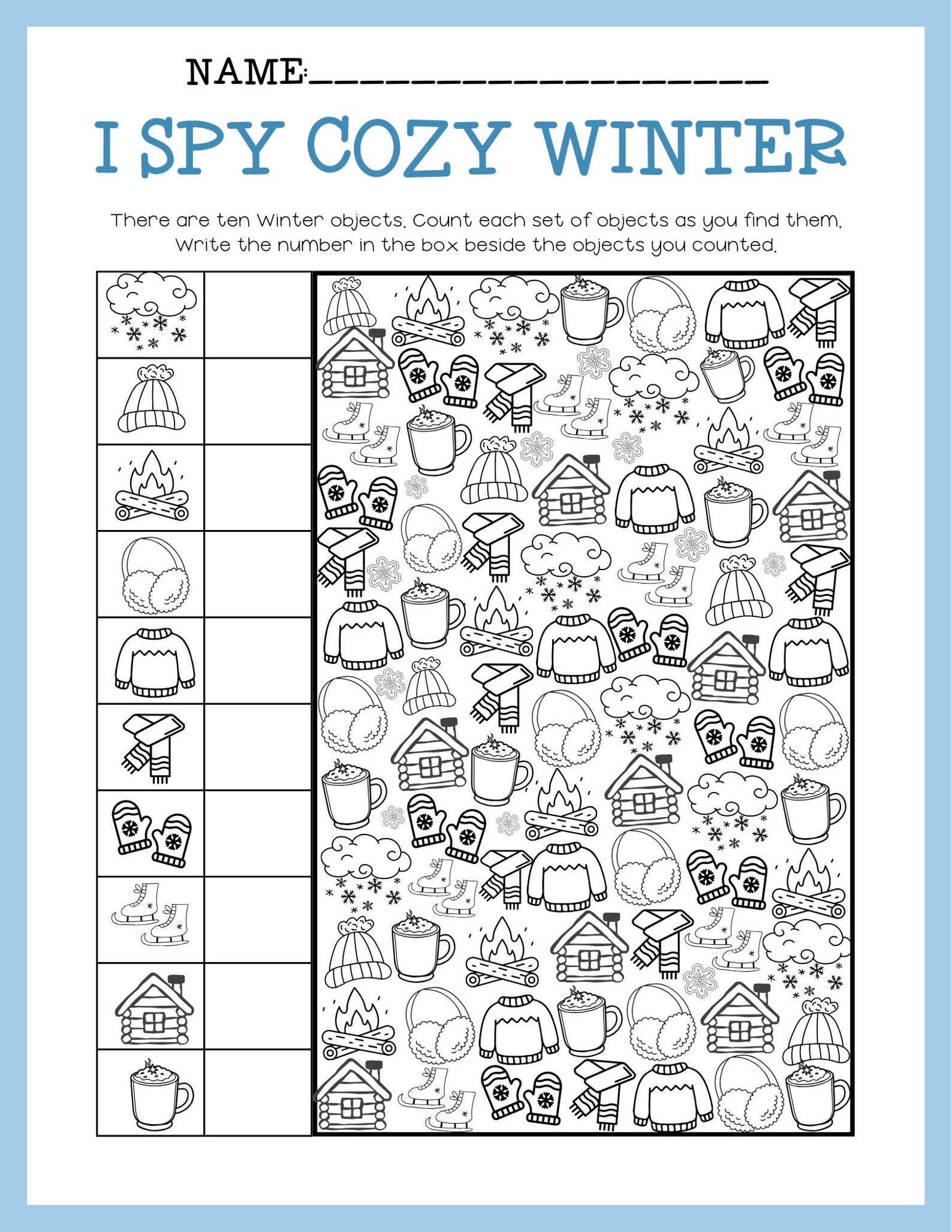 I-spy Cozy Winter Worksheet | Find 10 Winter Objects | Printable ...