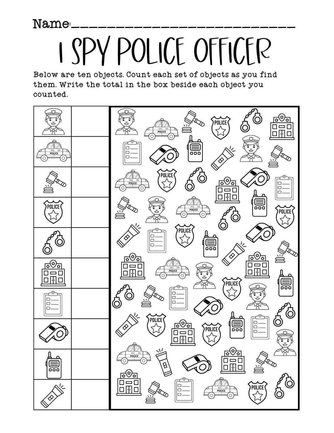Police Officer I Spy Worksheet | Community Helpers Activity (canva Pro ...