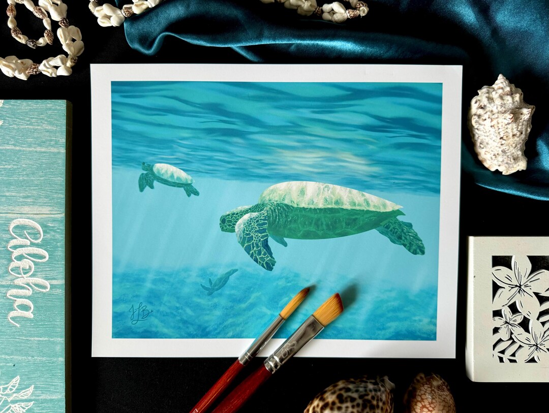 HAWAIIAN SEA TURTLES Art Print Oahu Hawaii Realistic Underwater Ocean ...