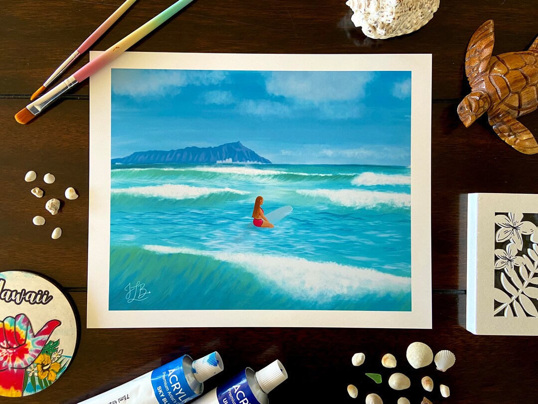 WHITE PLAINS SURFER Art Print Oahu Hawaii Realistic Beach Painting Girl ...