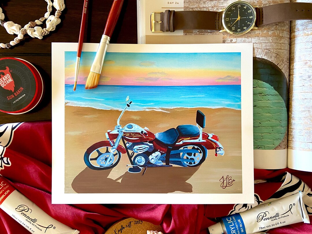 SUNSET CRUISER Art Print Oahu Hawaii Realistic Motorcycle Painting ...