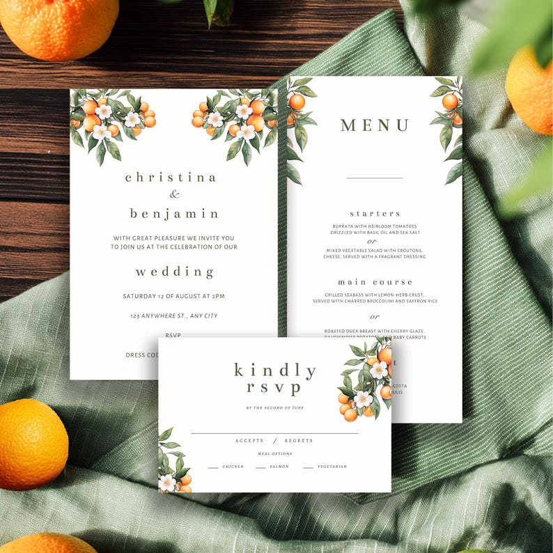 Orange Wedding Invitation Suite, Mediterranean Citrus Invite Set ...