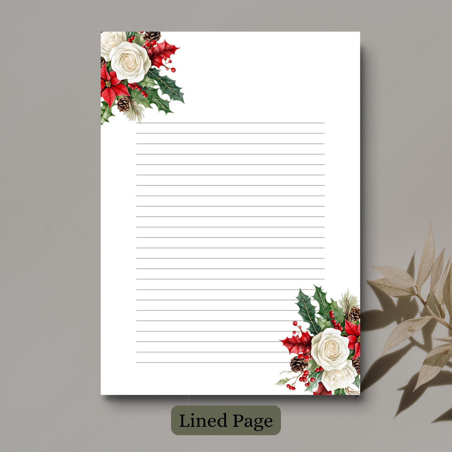 Printable Christmas Bouquet Stationery, Lined Unlined Paper, Floral ...