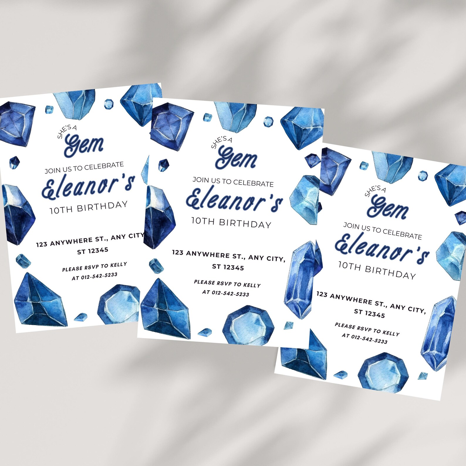 Blue Crystal Gemstone Birthday Invitation, Geology Theme, Editable ...