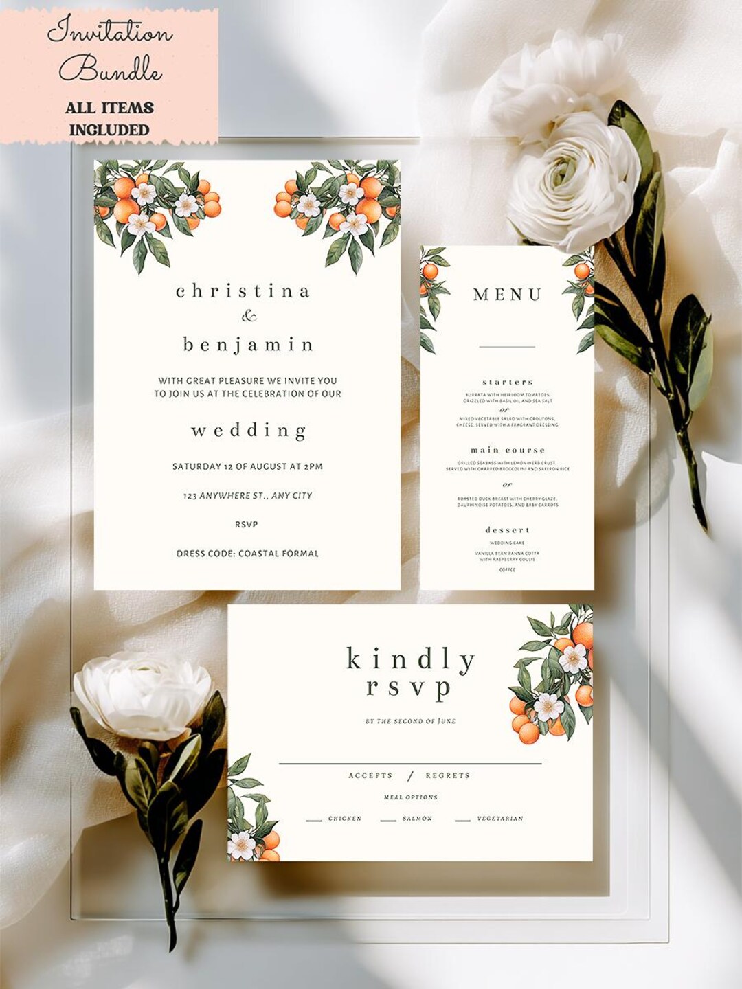 Orange Wedding Invitation Suite, Mediterranean Citrus Invite Set ...