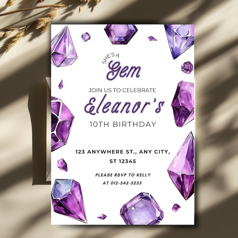 Crystal Gemstone Birthday Invitation Template, Purple Geology Party ...