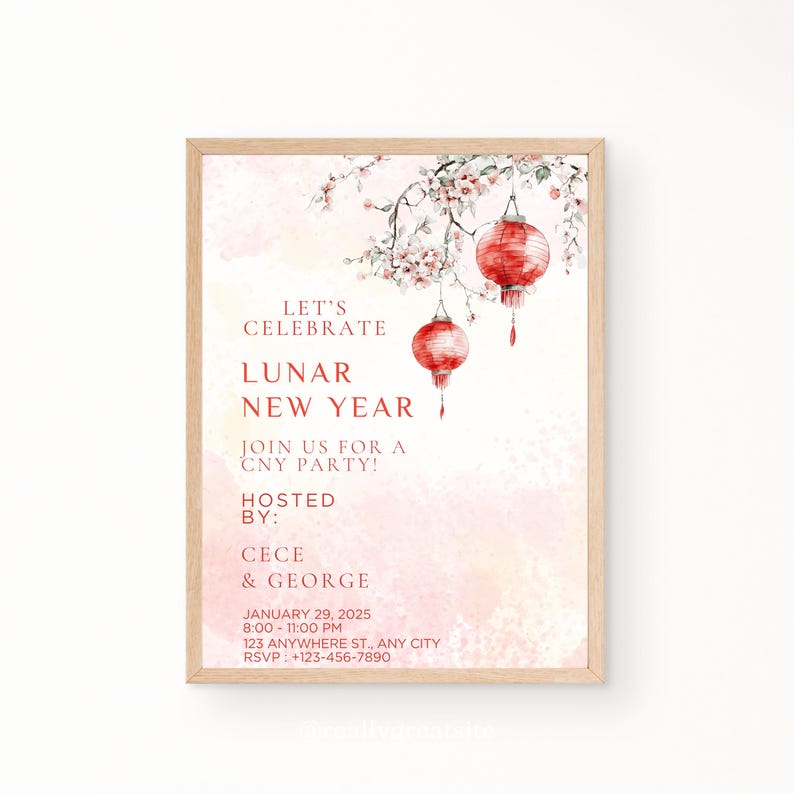 Lunar New Year Party Invitation, Watercolor Lantern Design, Elegant ...