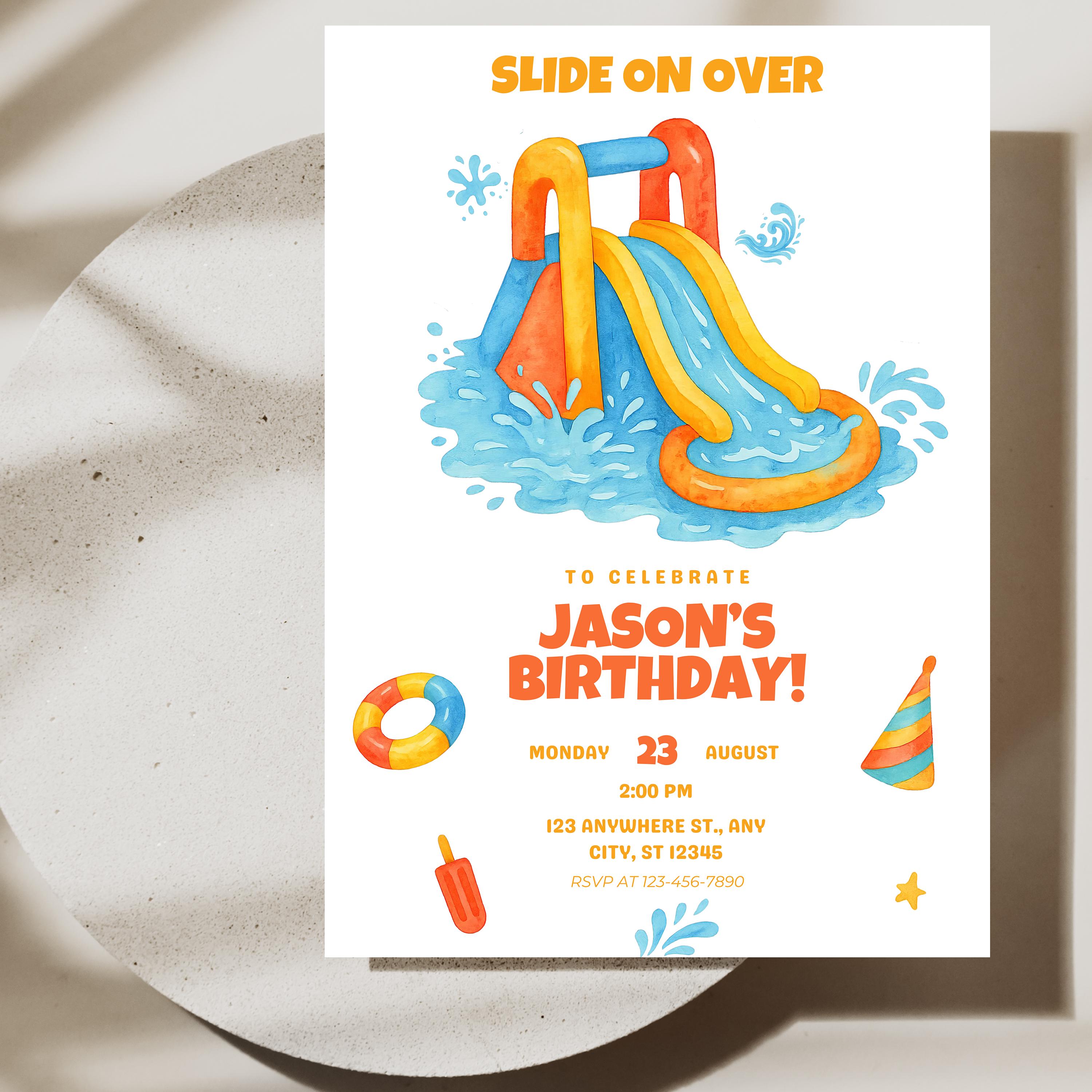 Water Slide Birthday Party Invitation - Summer Pool Party Invite for ...