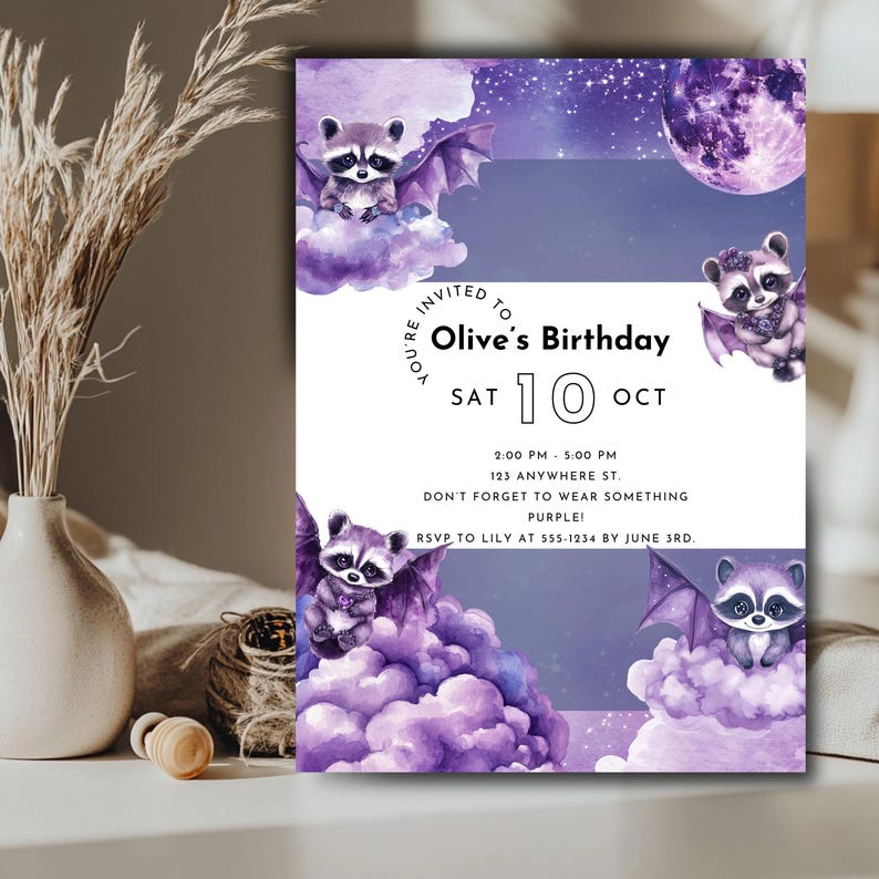 Editable Purple Sky Raccoon Birthday Invitation, Instant Download ...