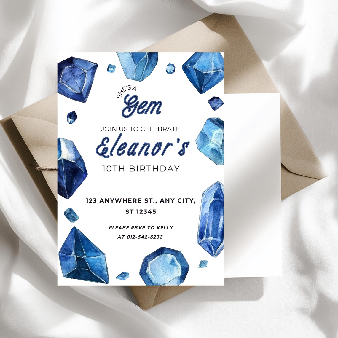 Blue Crystal Gemstone Birthday Invitation, Geology Theme, Editable ...