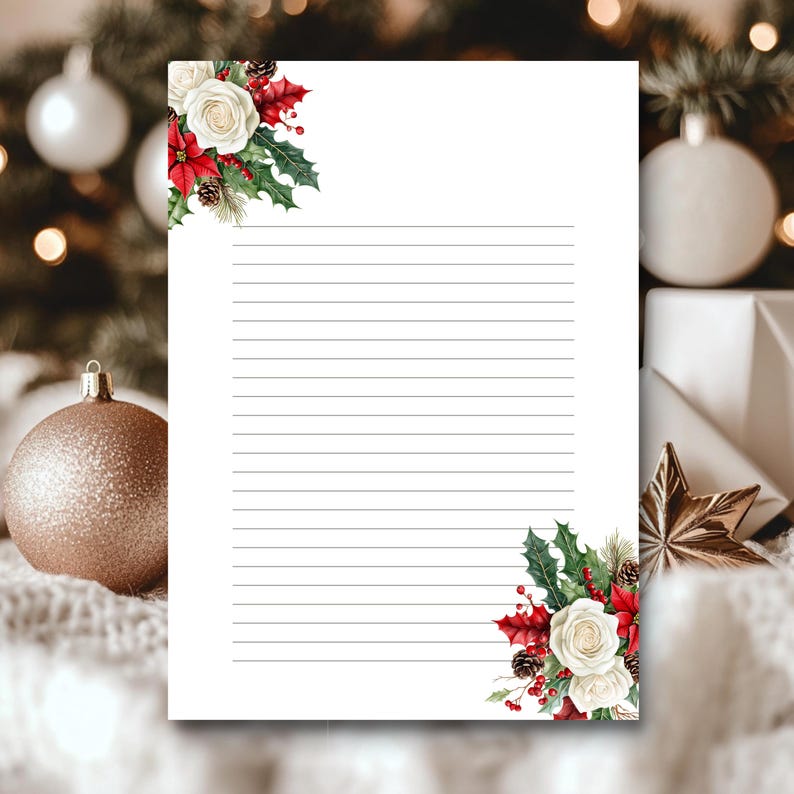 Printable Christmas Bouquet Stationery, Lined Unlined Paper, Floral ...