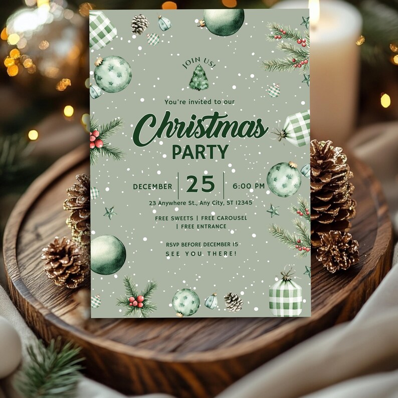 Editable Green Plaid Christmas Party Invitation, Christmas Ornaments ...