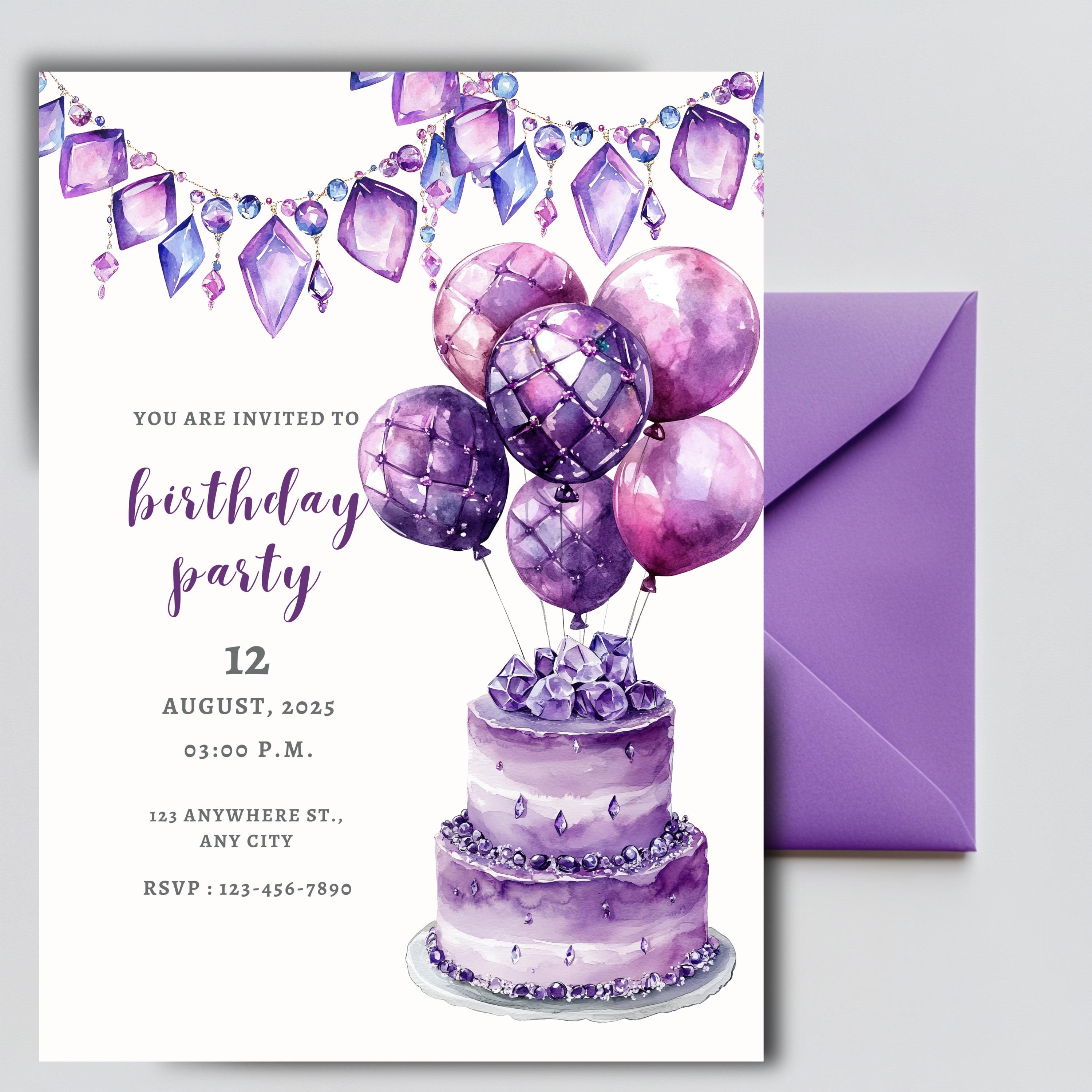 Purple Jewels Birthday Invitation Template – Gemstone Party Cake ...