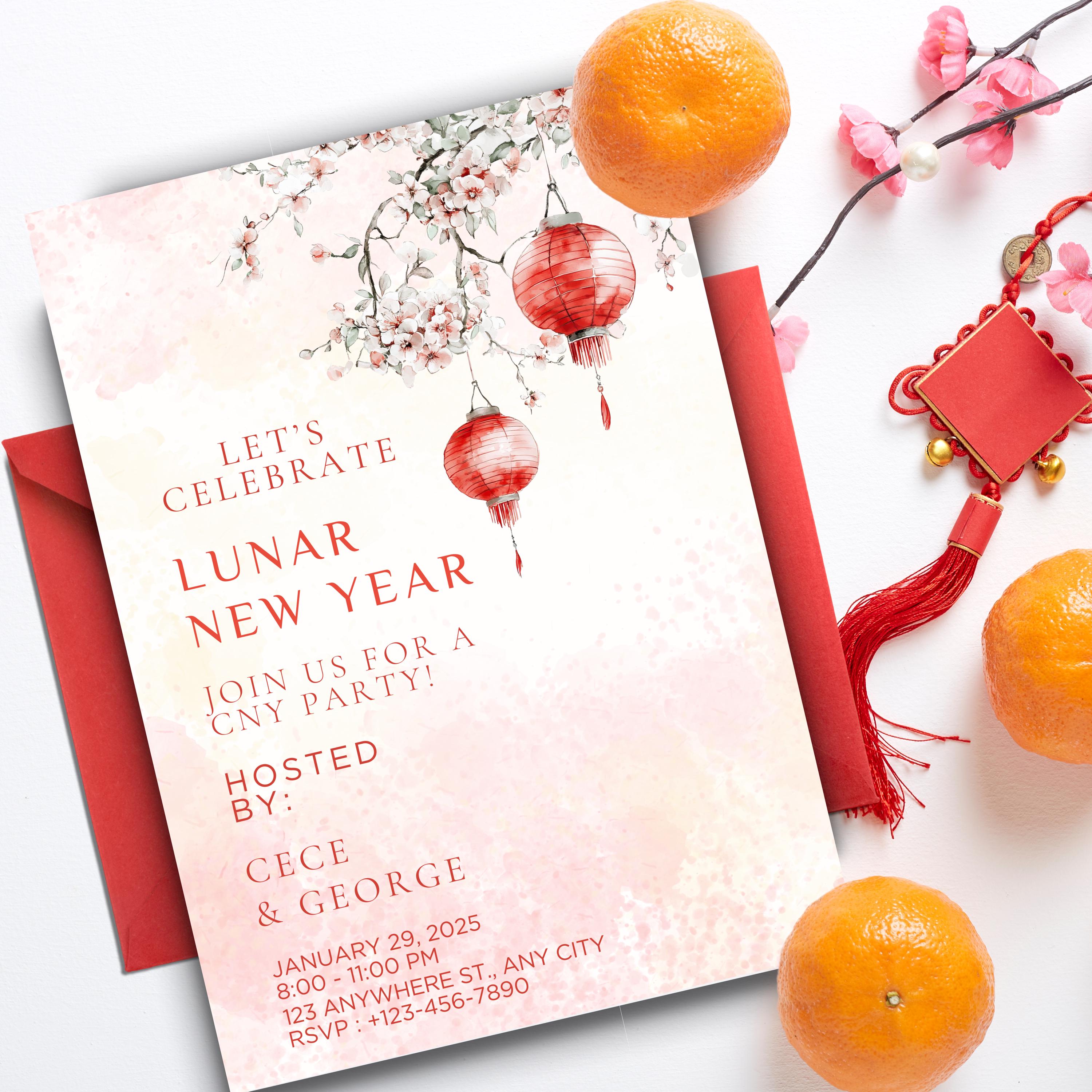 Lunar New Year Party Invitation, Watercolor Lantern Design, Elegant ...