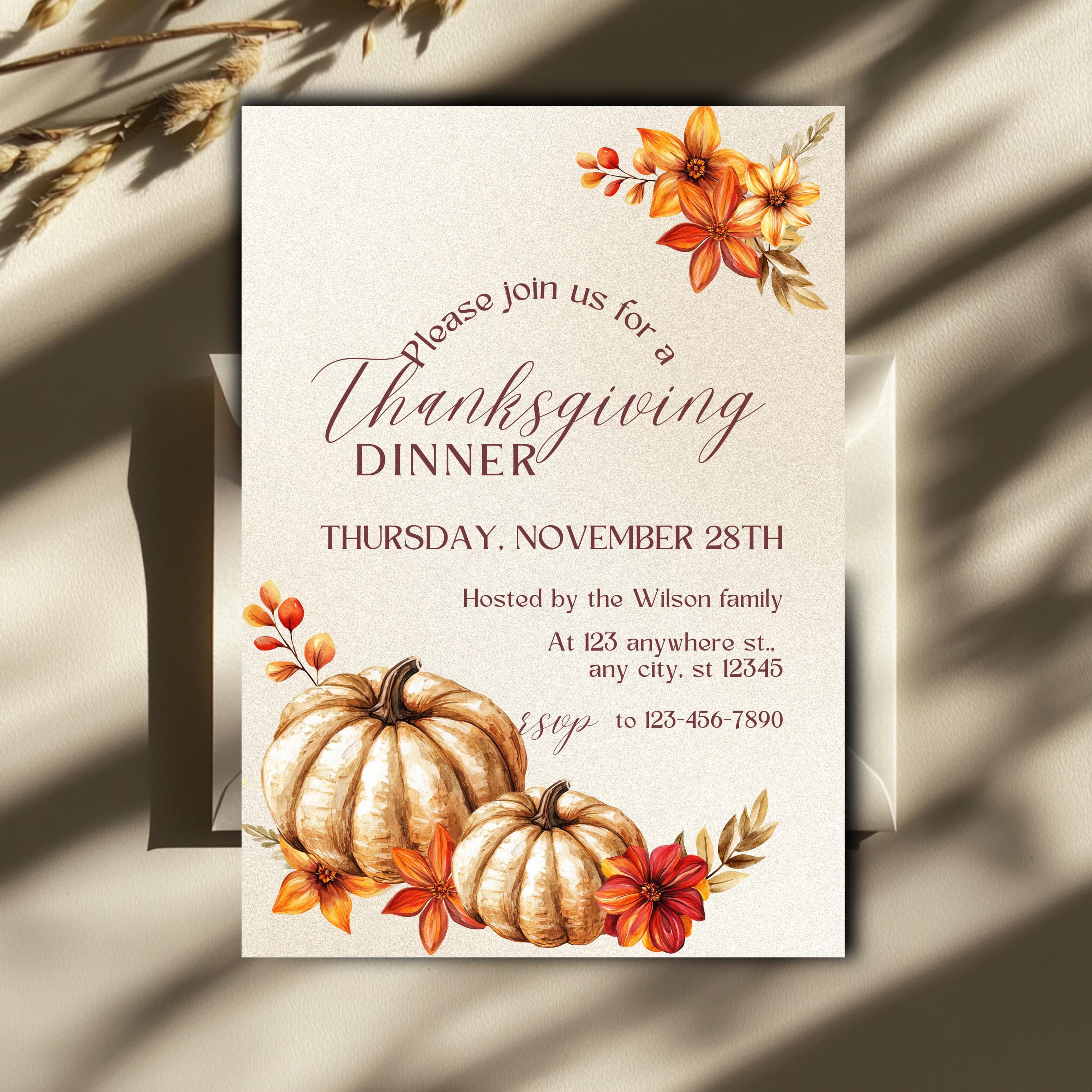 Editable Botanical Thanksgiving Invitation Template, Charming Pumpkin ...