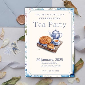 Blue Tea Party Invitation Template, Oriental Tea Time Printable ...