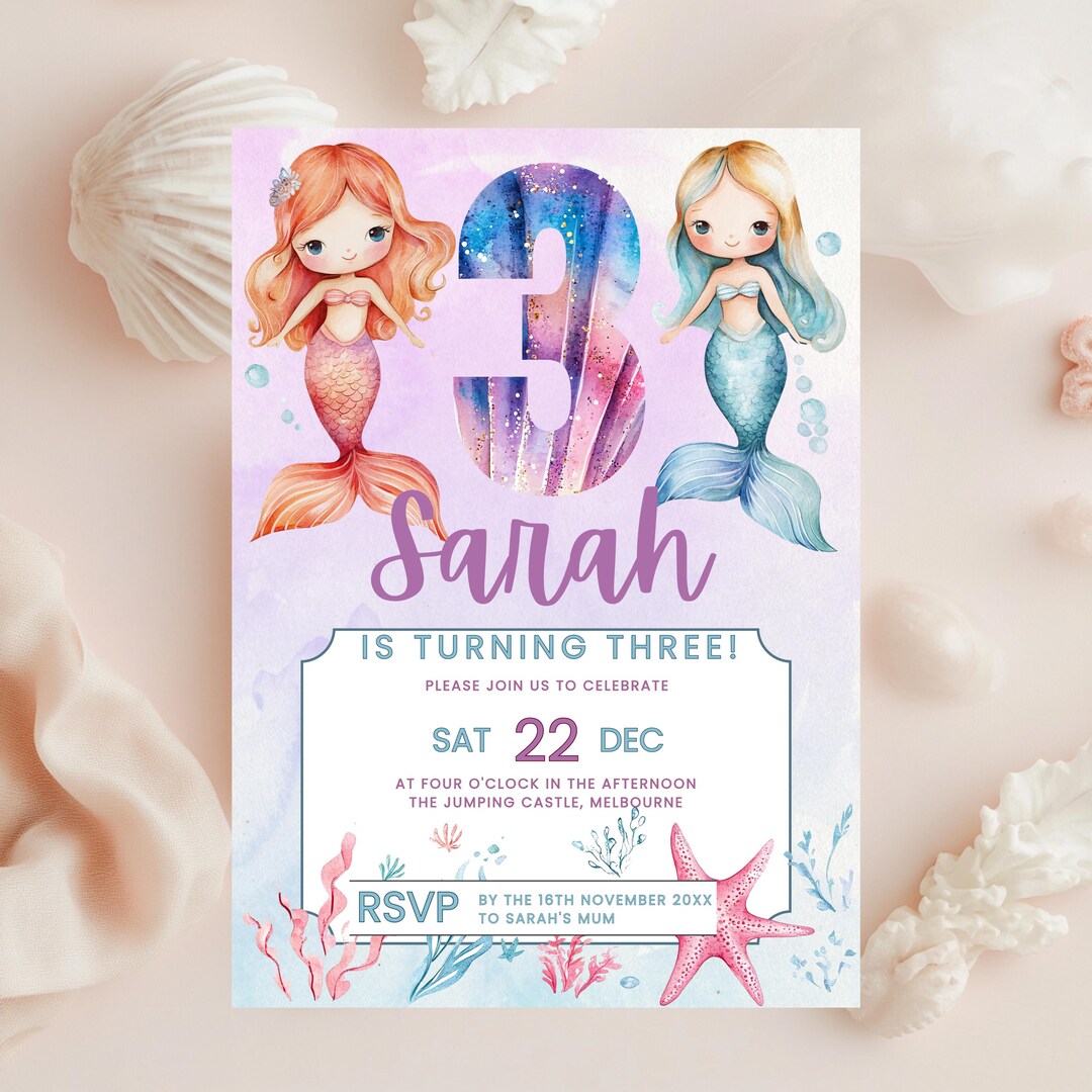 Cute Mermaids 3r Birthday Invitation -instant Download- Ultimate Pink ...
