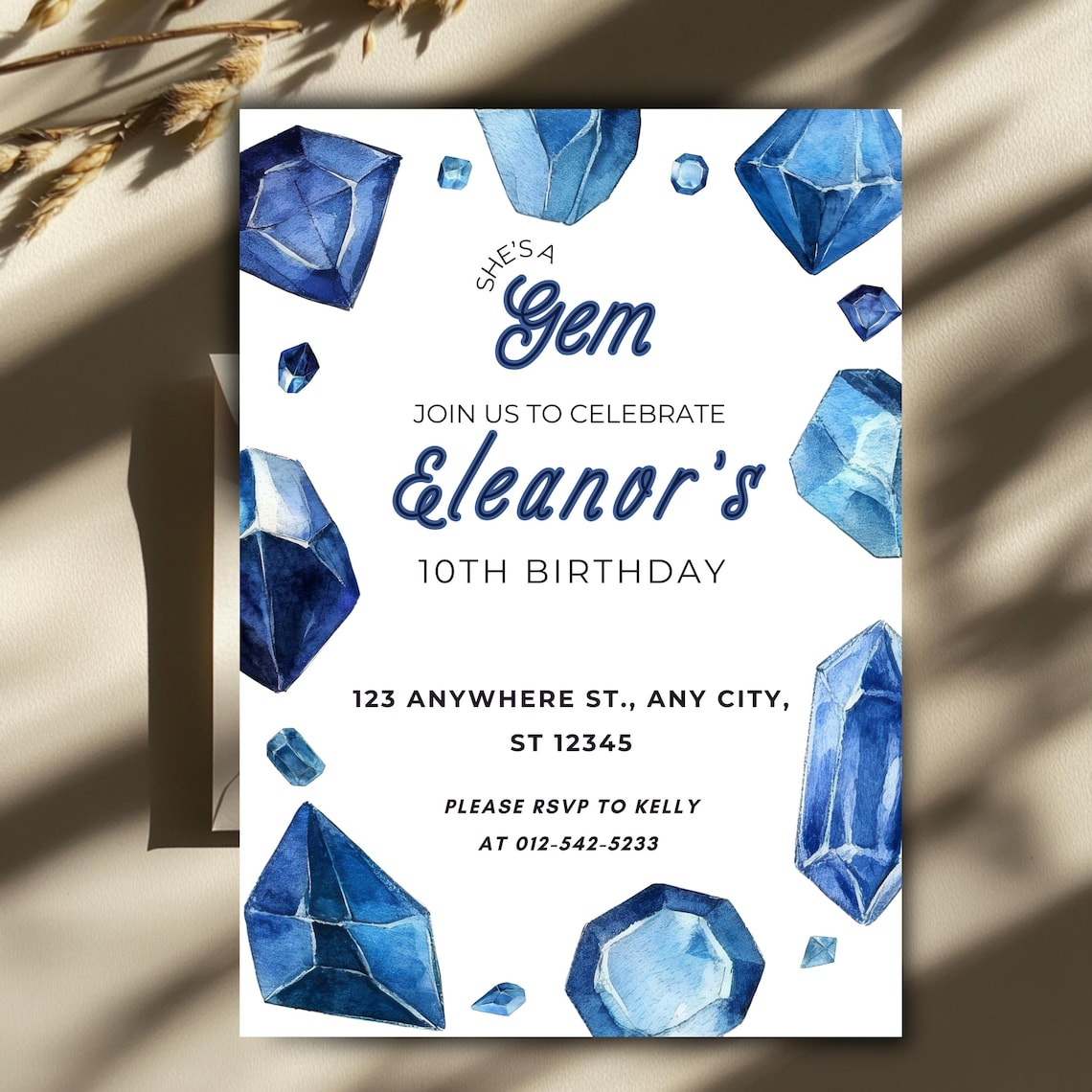 Blue Crystal Gemstone Birthday Invitation, Geology Theme, Editable ...