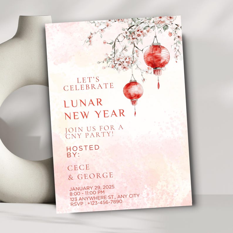 Lunar New Year Party Invitation, Watercolor Lantern Design, Elegant ...