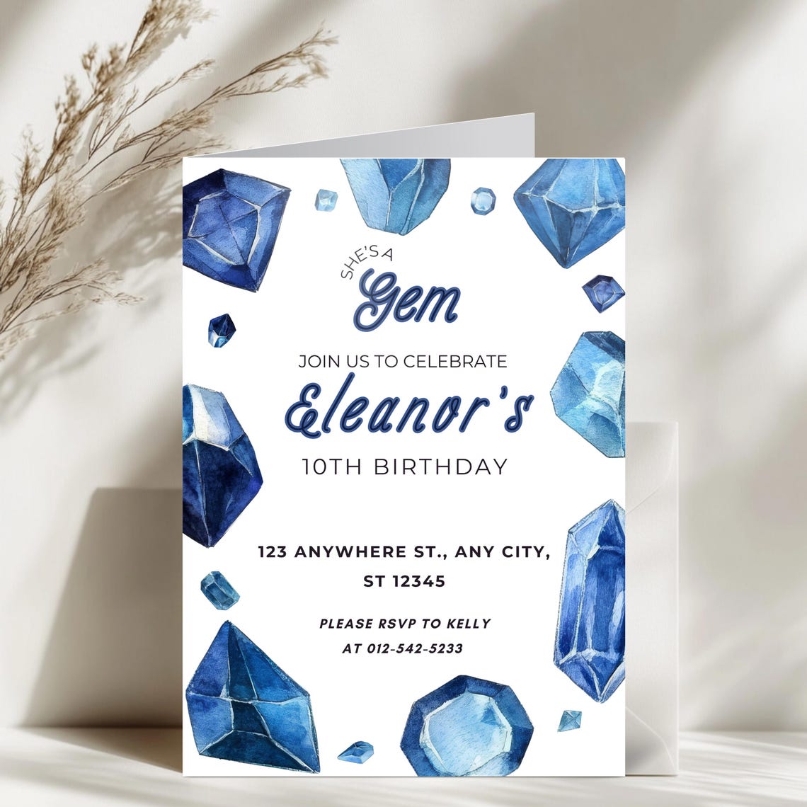 Blue Crystal Gemstone Birthday Invitation, Geology Theme, Editable ...