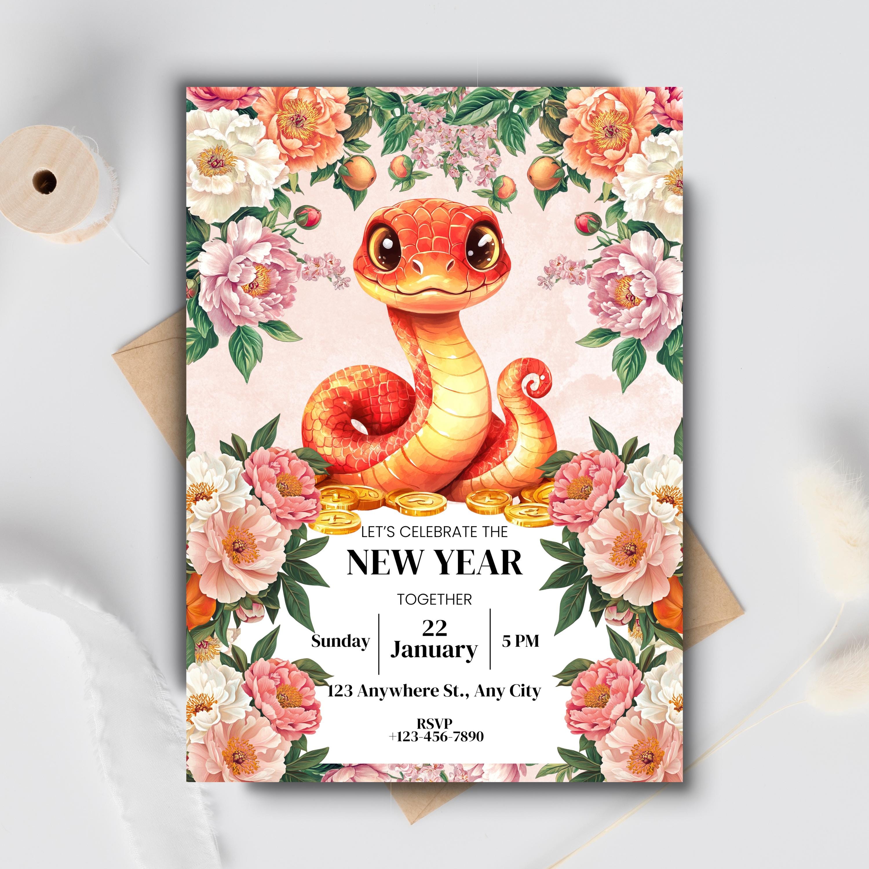Cute Snake Chinese New Year Invitation instant Download Printable ...