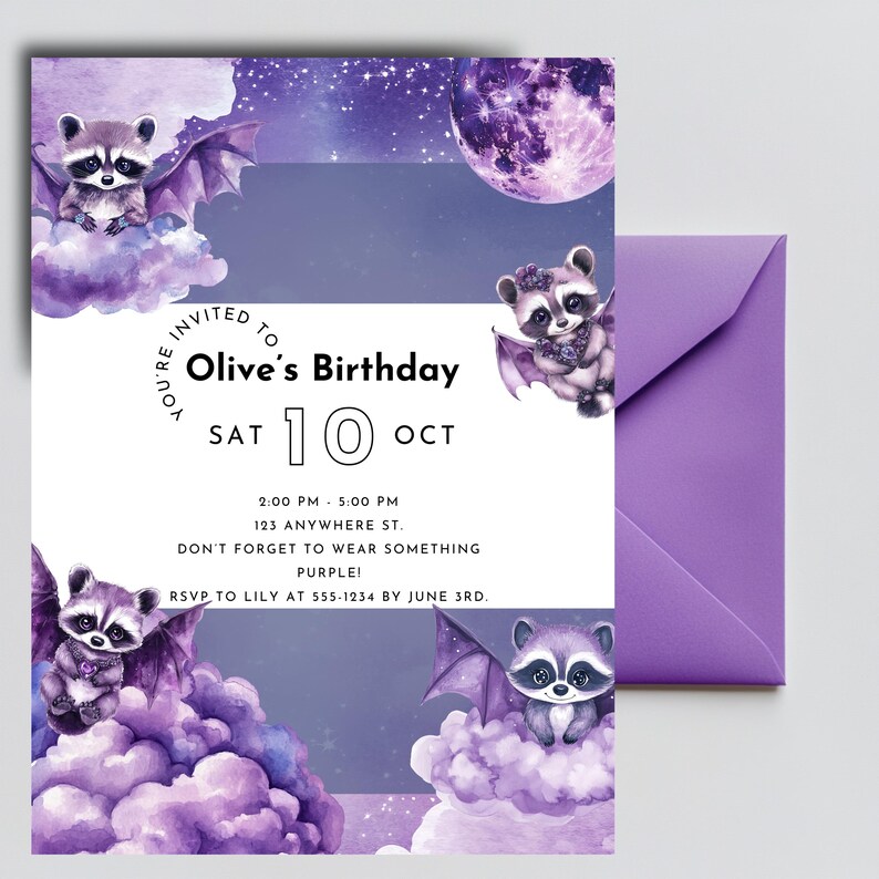 Invitación de cumpleaños editable con mapache morado, descarga ...