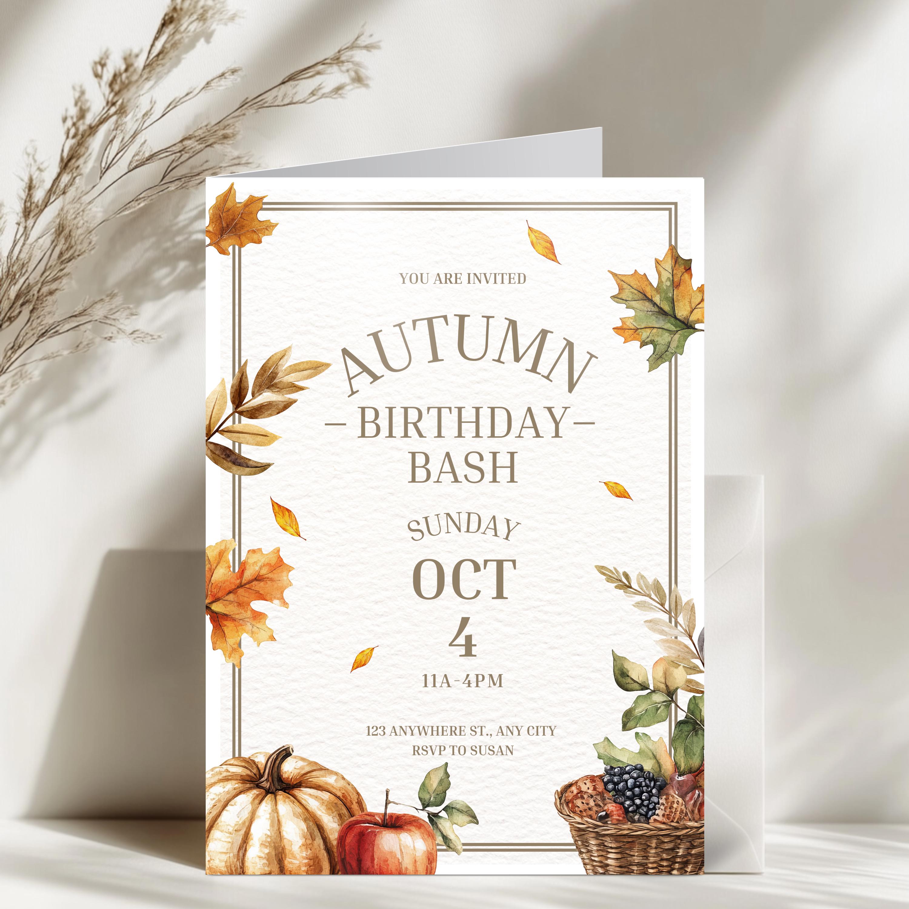 Editable Fall Birthday Invitation Template, Instant Download, Autumn ...