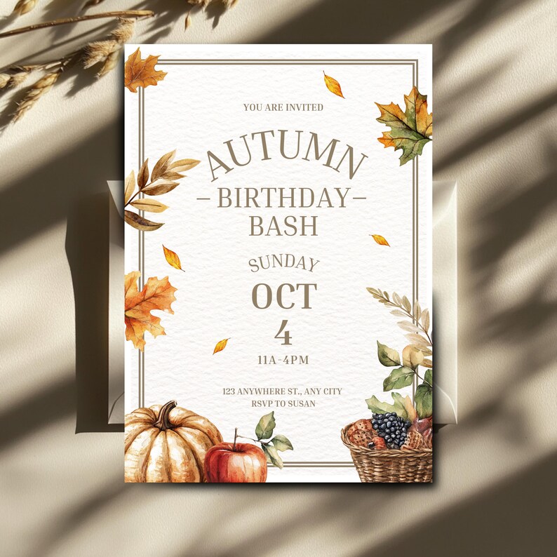 Editable Fall Birthday Invitation Template, Instant Download, Autumn ...