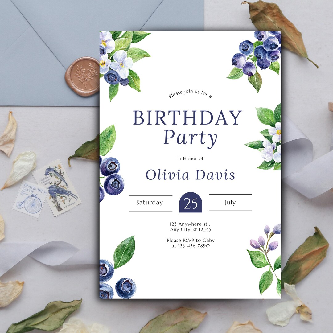 Editable Fruit Birthday Invite Blueberry-themed Template digital ...