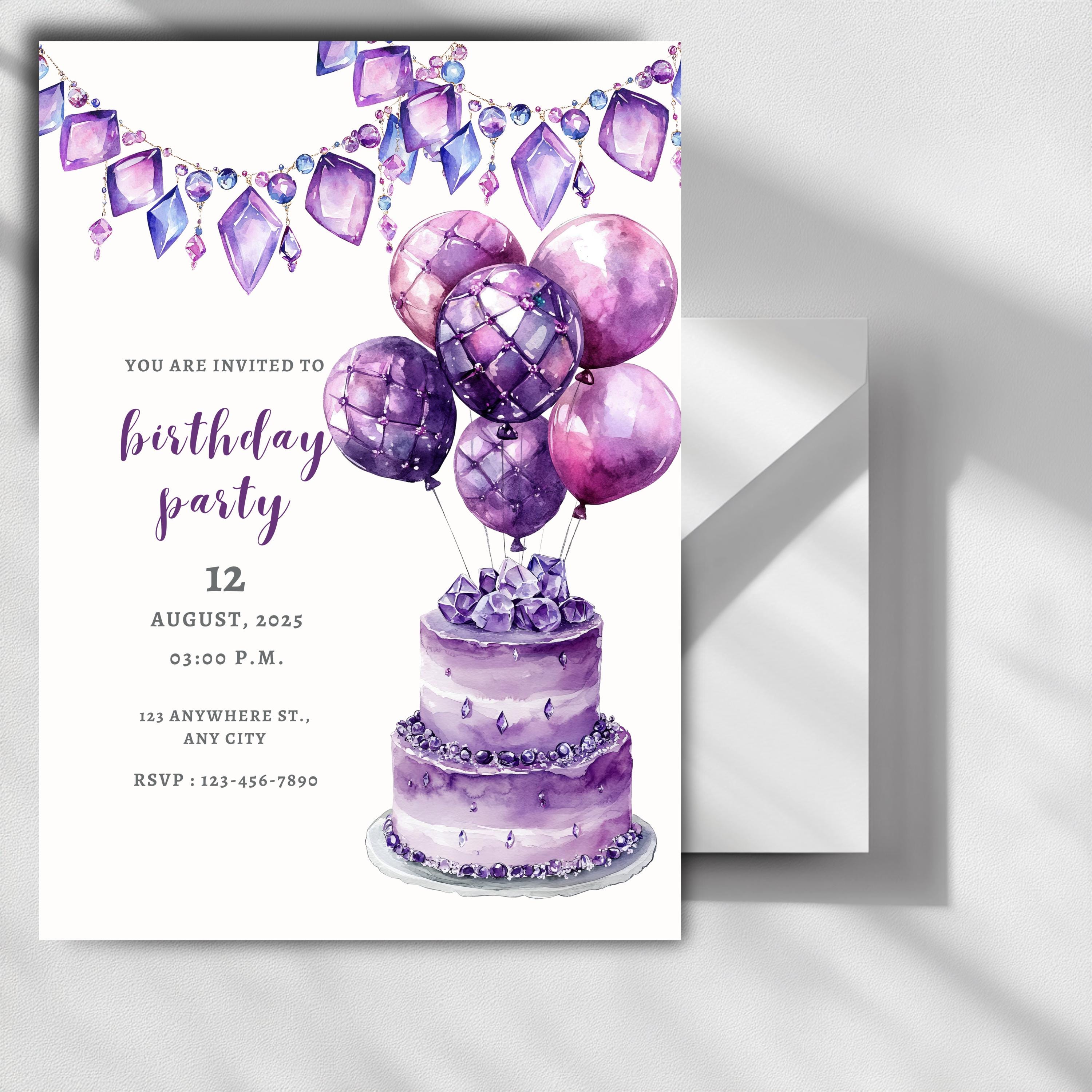 Purple Jewels Birthday Invitation Template – Gemstone Party Cake ...