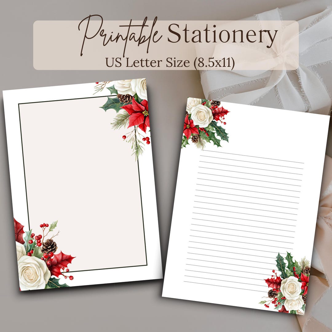 Printable Christmas Bouquet Stationery, Lined Unlined Paper, Floral ...