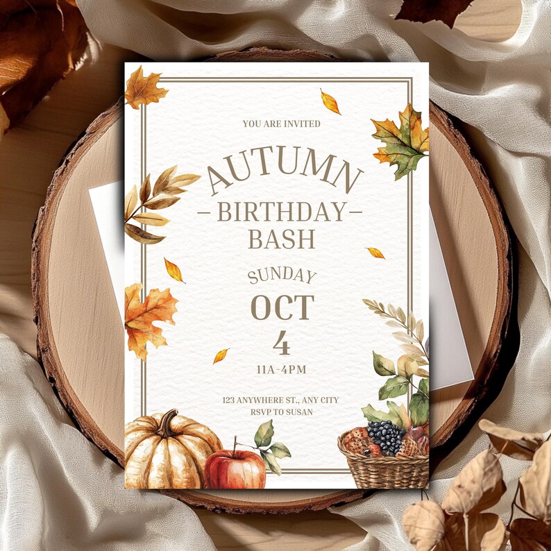 Editable Fall Birthday Invitation Template, Instant Download, Autumn ...