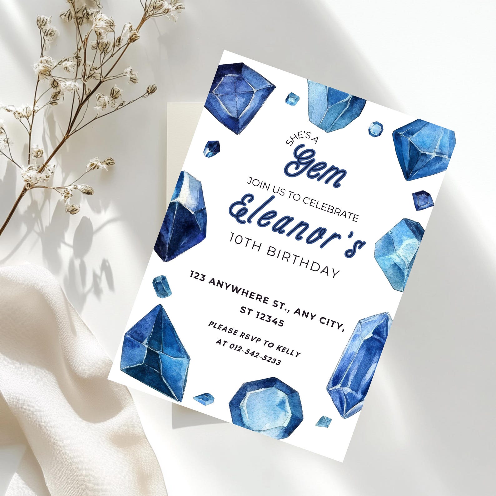 Blue Crystal Gemstone Birthday Invitation, Geology Theme, Editable ...