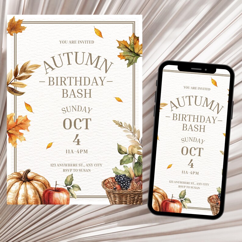 Editable Fall Birthday Invitation Template, Instant Download, Autumn ...