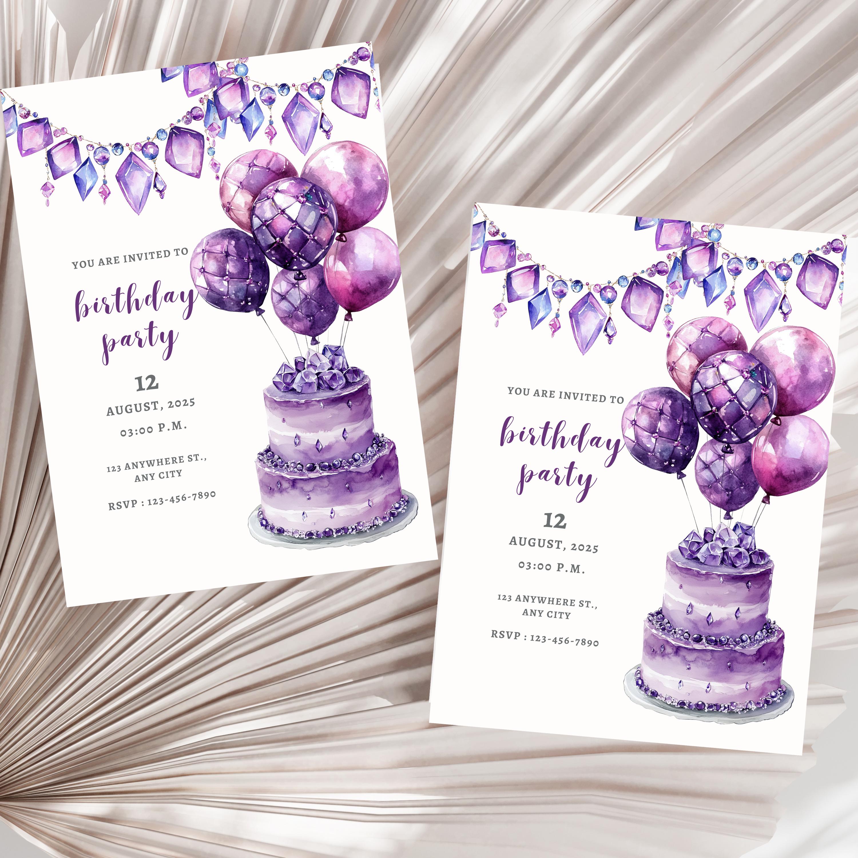 Purple Jewels Birthday Invitation Template – Gemstone Party Cake ...