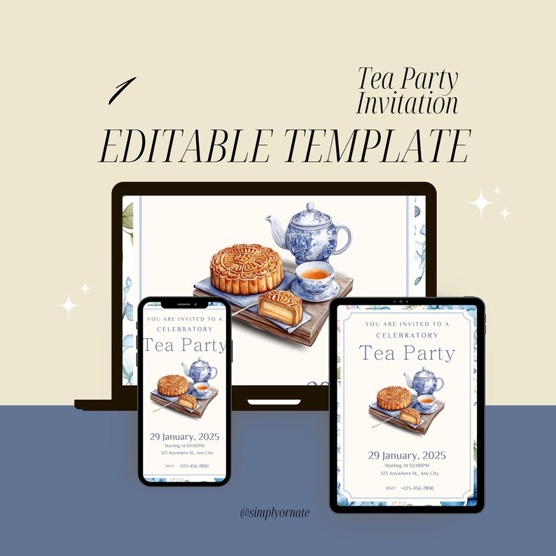 Blue Tea Party Invitation Template, Oriental Tea Time Printable ...