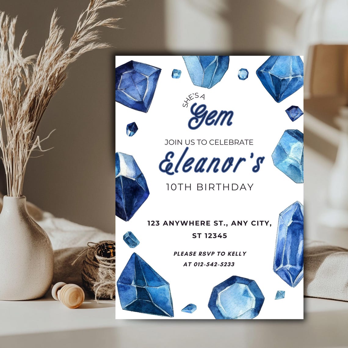 Blue Crystal Gemstone Birthday Invitation, Geology Theme, Editable ...