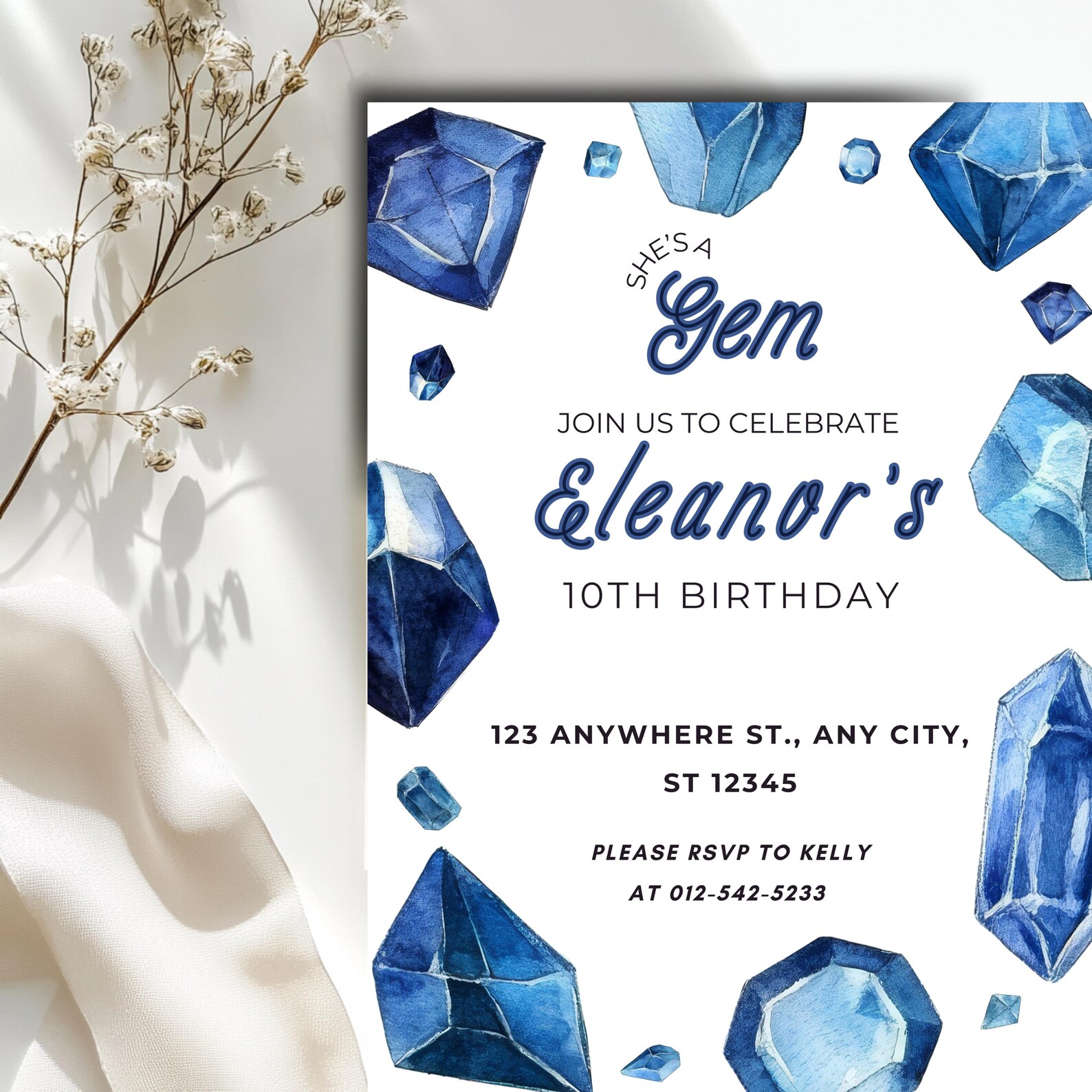 Blue Crystal Gemstone Birthday Invitation, Geology Theme, Editable ...