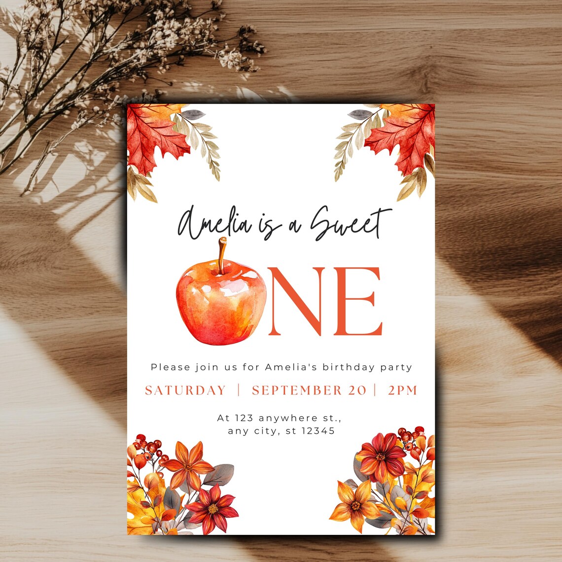 Editable Sweet One 1st Birthday Invitation, Fall Leaves, Autumn Theme ...