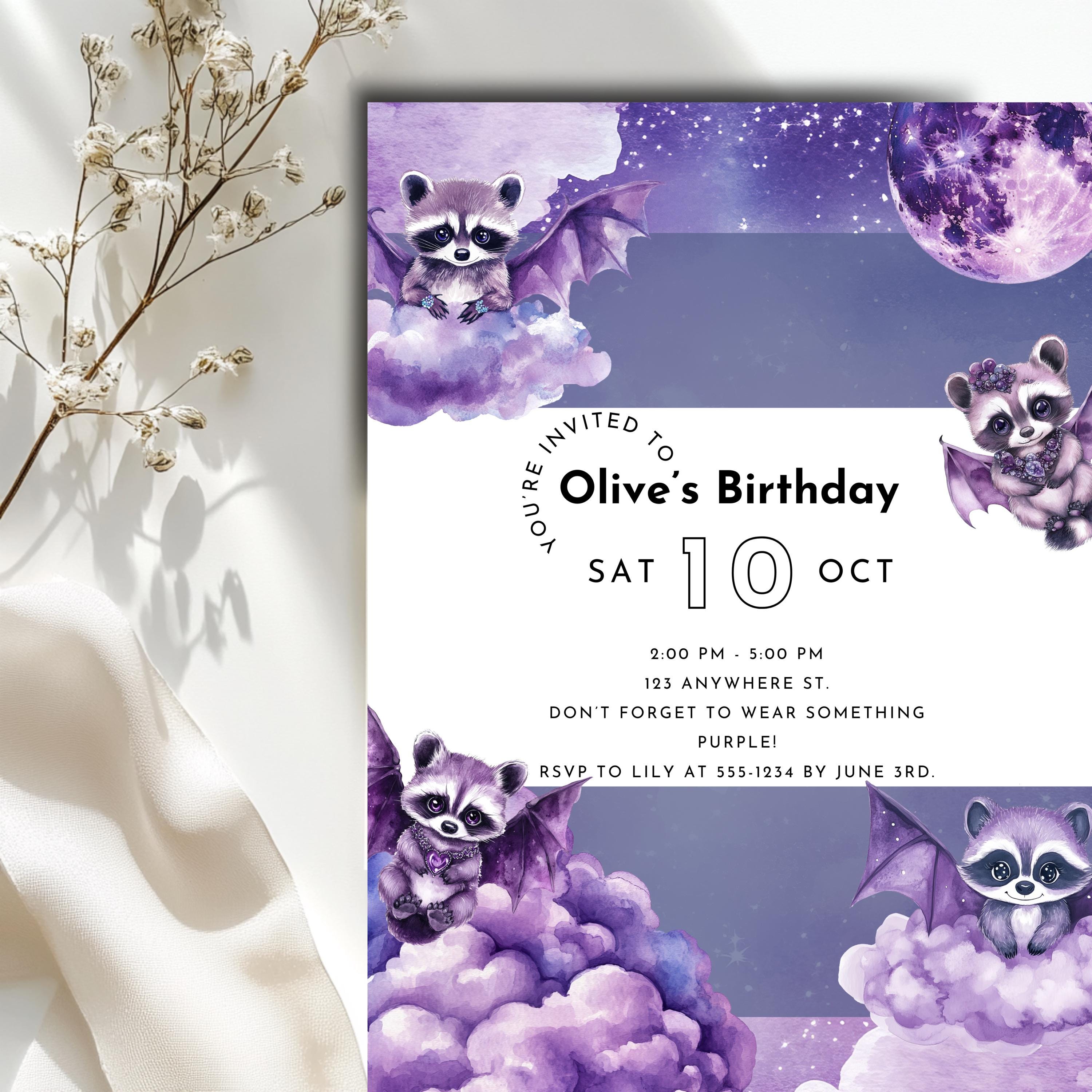 Editable Purple Sky Raccoon Birthday Invitation, Instant Download ...
