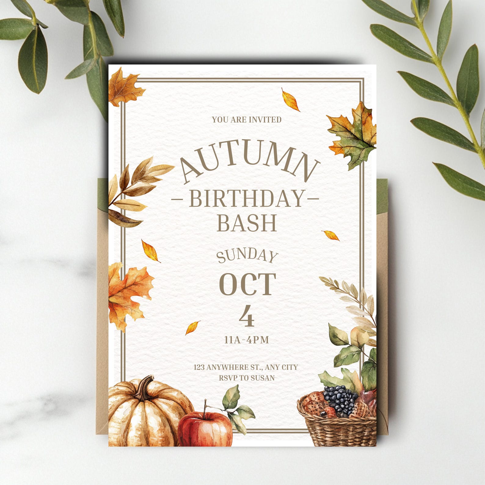 Editable Fall Birthday Invitation Template, Instant Download, Autumn ...