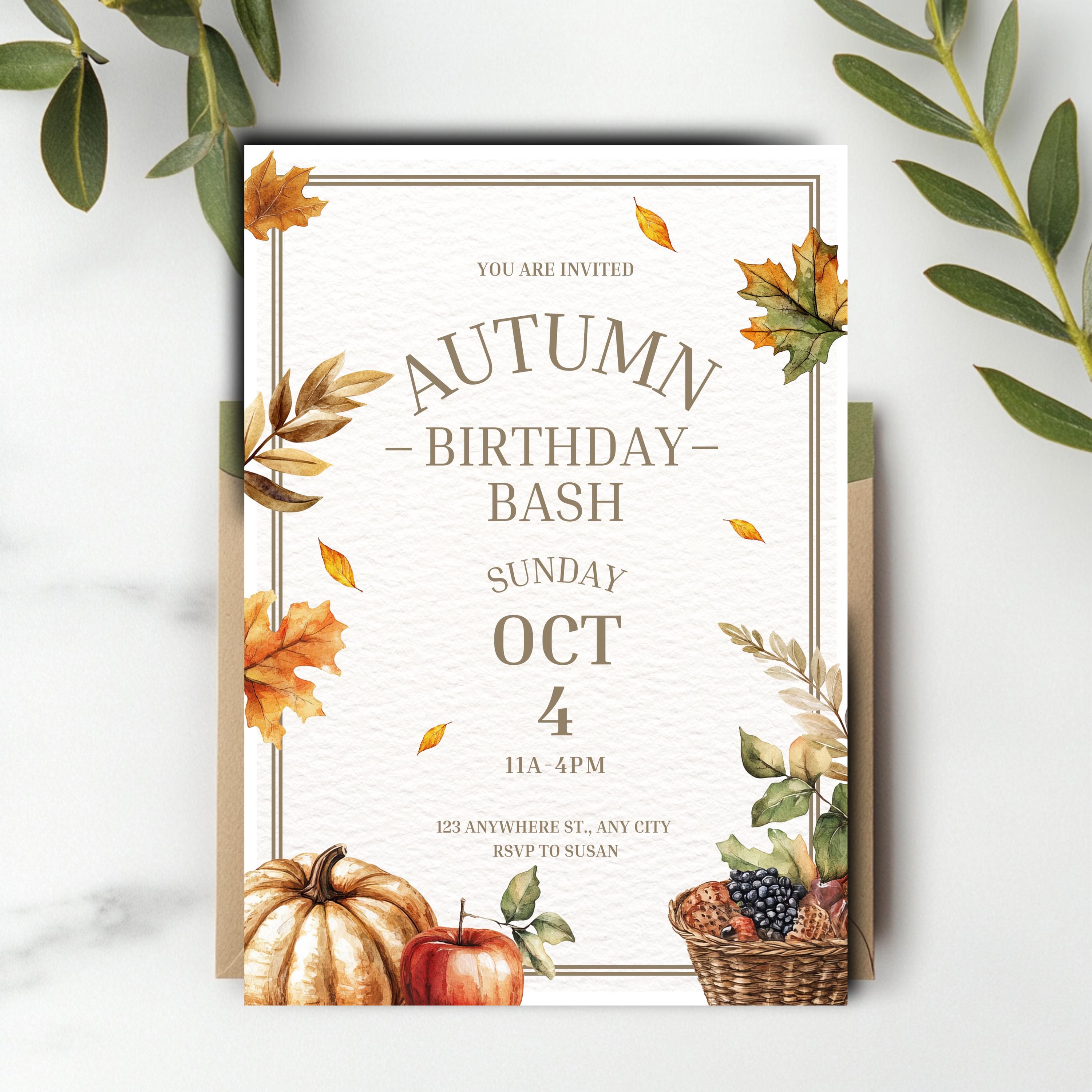 Editable Fall Birthday Invitation Template, Instant Download, Autumn ...