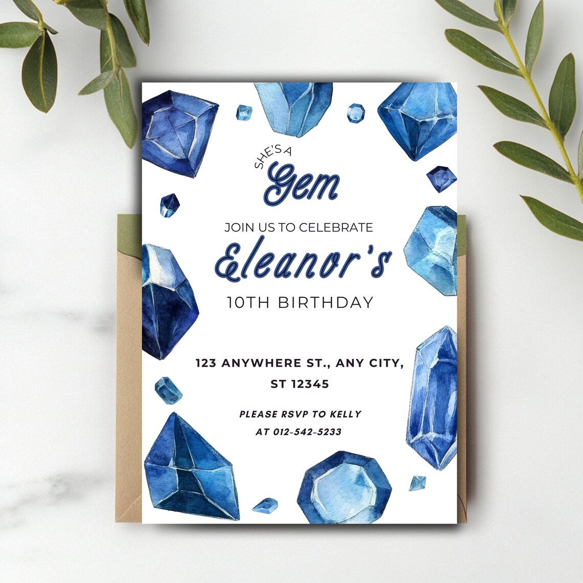 Blue Crystal Gemstone Birthday Invitation, Geology Theme, Editable ...