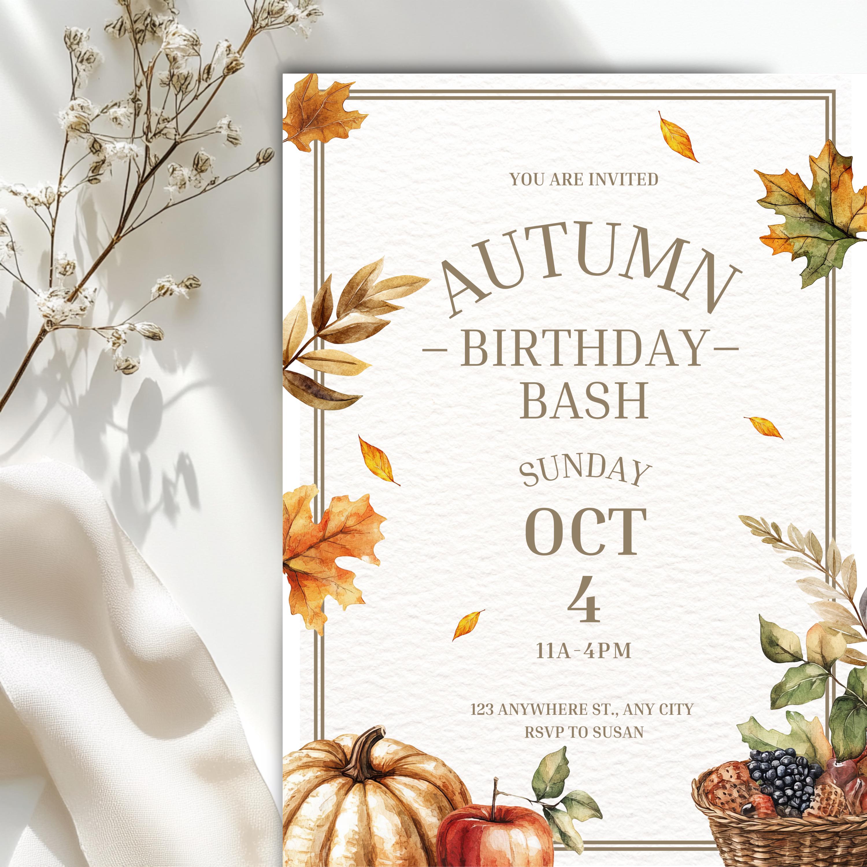 Editable Fall Birthday Invitation Template, Instant Download, Autumn ...