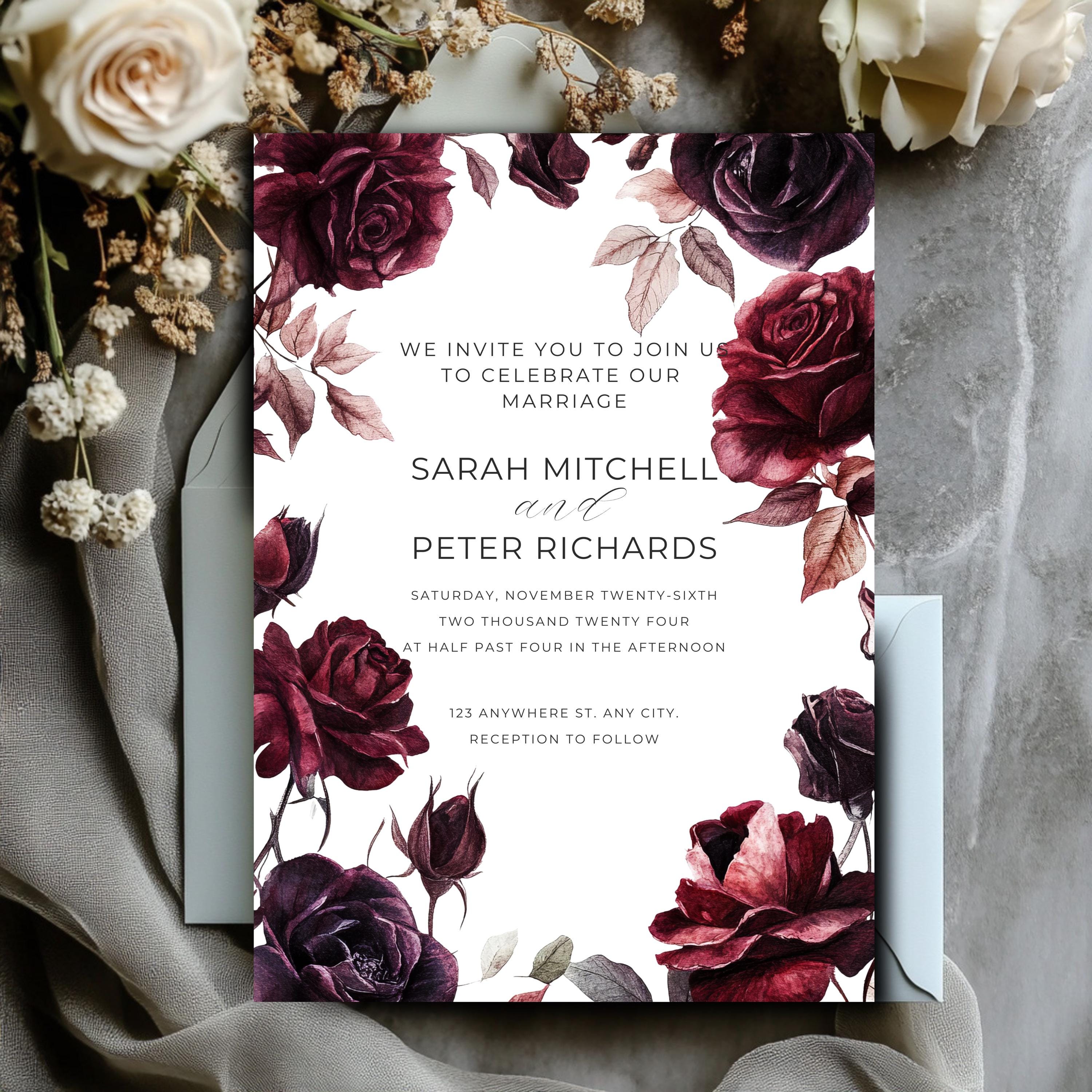 Editable Gothic Roses Wedding Invitation, Moody Border, Cursive ...