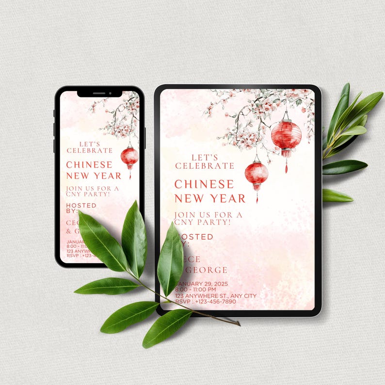 Chinese New Year Party Invitation, Watercolor Lantern Design, Elegant ...