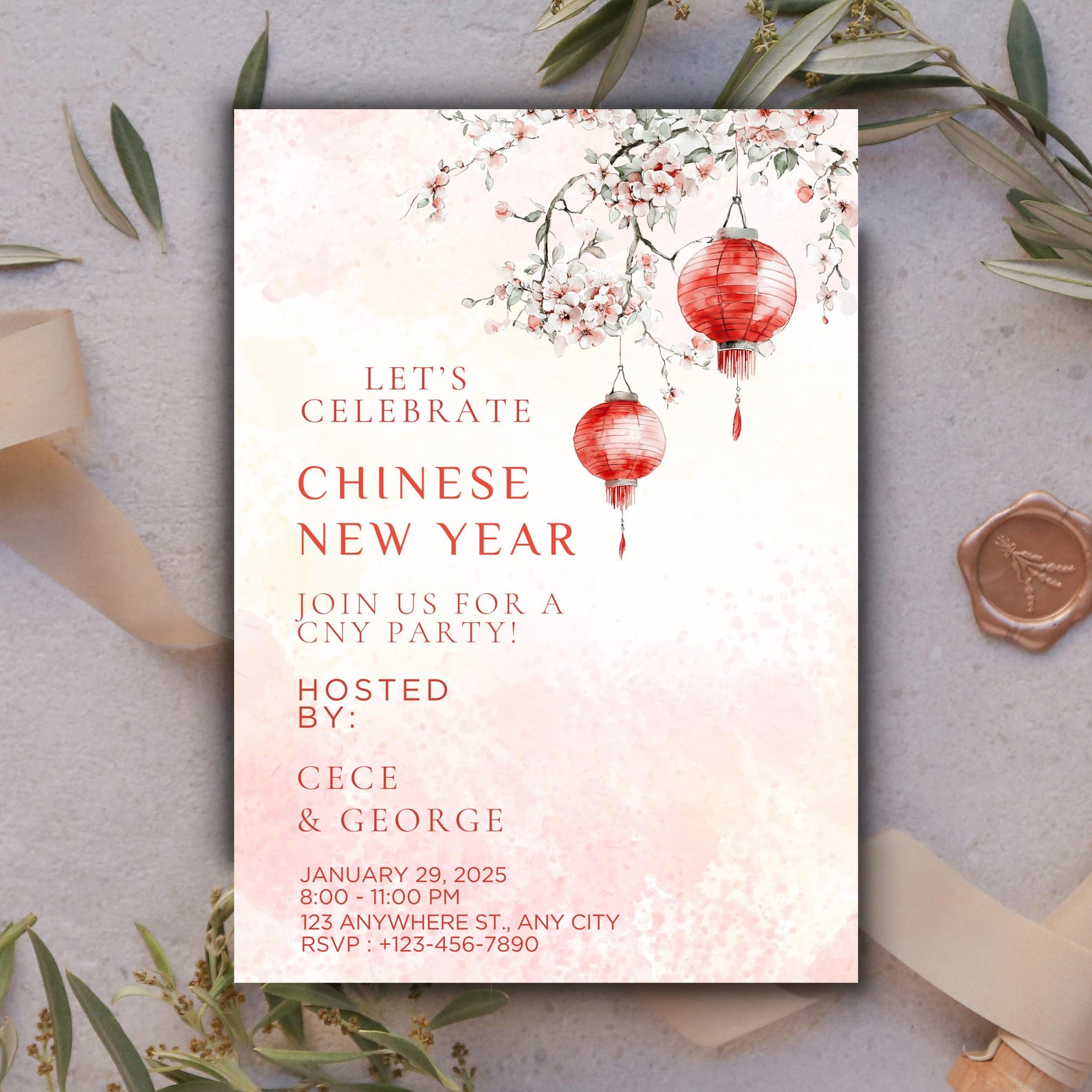 Chinese New Year Party Invitation, Watercolor Lantern Design, Elegant ...